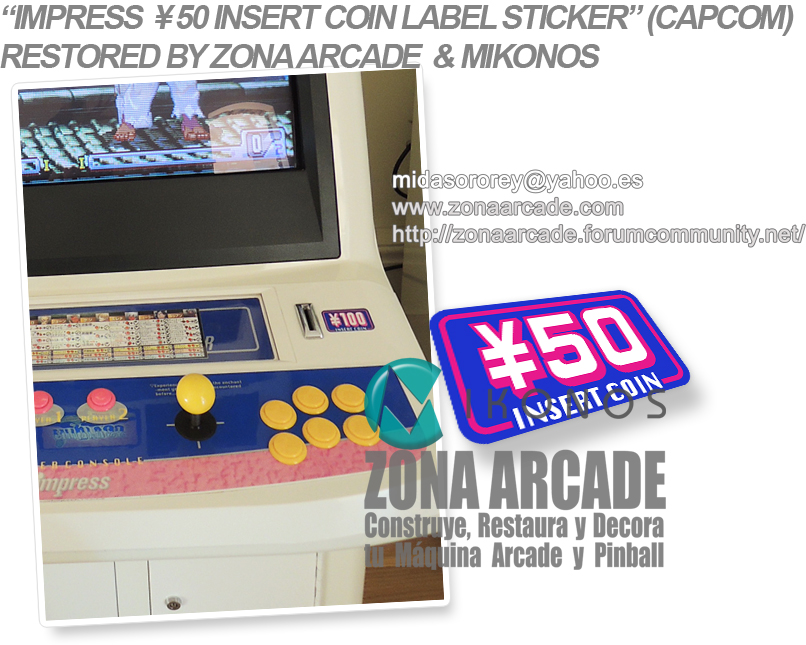 “IMPRESS ¥50 INSERT COIN LABEL STICKER” (CAPCOM) arcade artwork restored by Zona Arcade & Mikonos